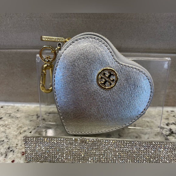 Tory Burch | Bags | Tory Burch Silver Leather Heart Shaped Zip Key Fob ...